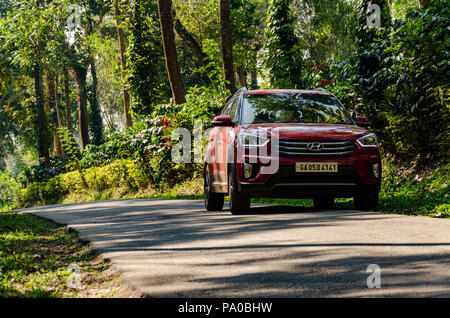 Front view of red Hyundai Creta SUV on a beautiful, narrow road lined ...
