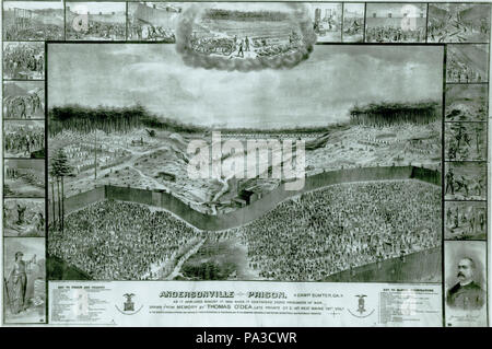 Photograph of a print or sketch of Andersonville, Ga. In the foreground is a fenced in area ...