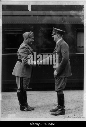 Dictators Adolf Hitler of Germany and Benito Mussolini of Italy, greet ...