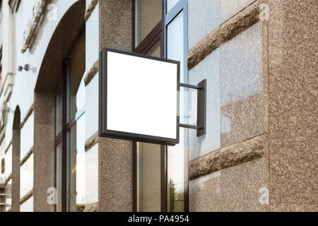 Blank shop sign on granite wall. Square signage mockup. 3d illustration ...