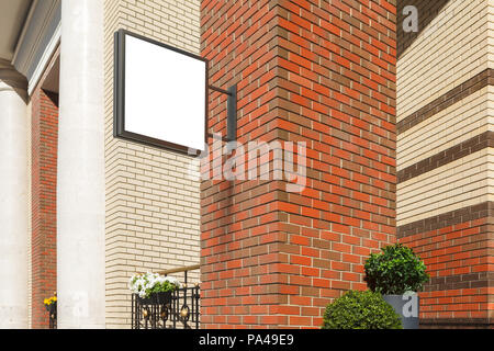 Blank shop sign on brick wall. Square signage mockup. 3d illustration ...