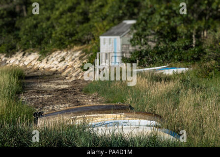 Rustic rowboats and shack , Taylors Pond, Cape Cod, Massachusetts, USA ...