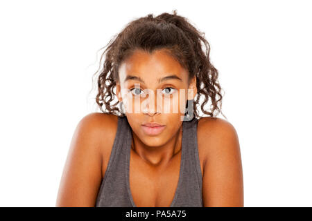 beautiful dark skinned girl with questionable gesture on white ...