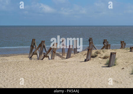 old wood posts sticking out of the sandy beach Stock Photo - Alamy