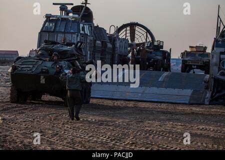 U.S. Navy sailor BM3 Kiana Martin Del Campo, Naval Beach Unit 7, guides ...