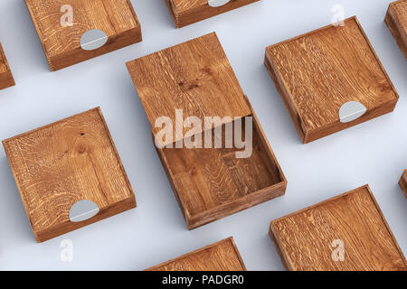 Empty dark wooden square box with opened sliding lid on brown leather ...