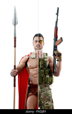 Spartan warrior wearing red long cape is looking in camera standing in ...