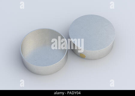 Two silver round boxes opened and closed on wood background. 3d ...