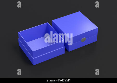 Two blue square boxes opened and closed on wood background. 3d ...
