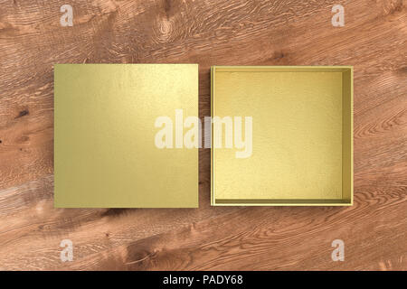 Two gold square boxes opened and closed on white background. 3d ...