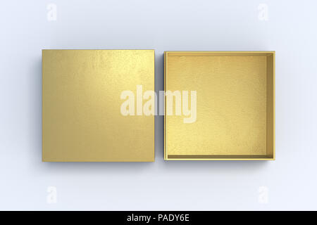 Two gold square boxes opened and closed on white background. 3d ...