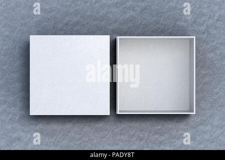 Two white square boxes opened and closed on wood background. 3d ...