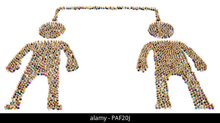 3d small people connected two cables . 3d image. Isolated white ...