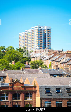 High rise blocks of flats looming over older buildings in Newcastle ...