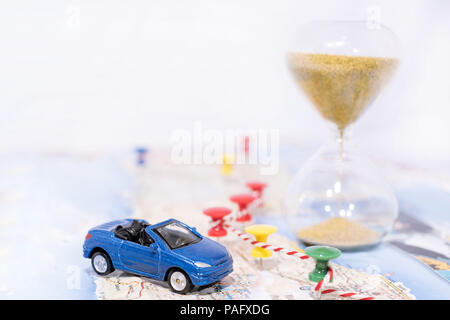 Abstract idea of rent a car. Small car on map. Abstract travel photo ...
