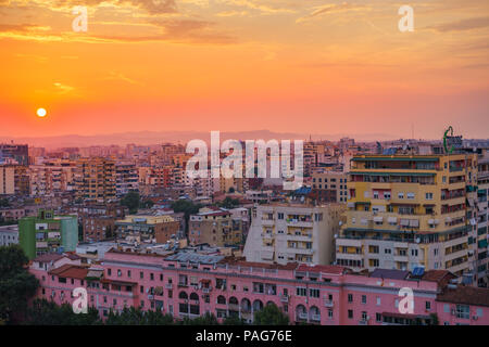 Areal cityscape view of Tirana city center at sunset. Modern ...