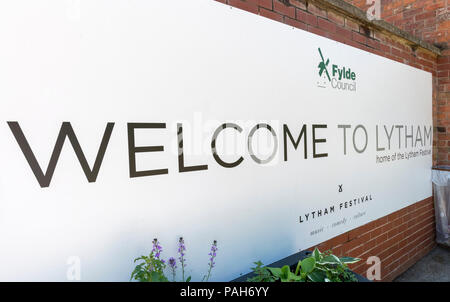 A Welcome to Lytham sign on the platform at Lytham Railway Station, in ...