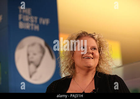 Louise Brown, the world's first test tube baby, holds the incubator jar ...