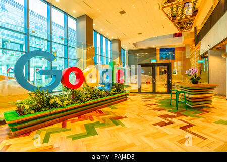 Singapore - May 5, 2018: colorful Google sign on lobby of new Google ...