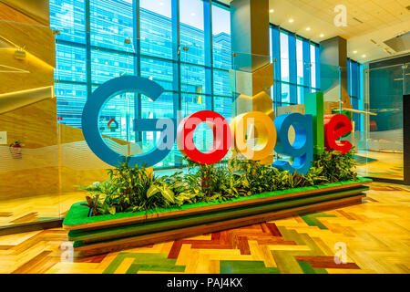 Singapore - May 5, 2018: colorful Google sign on lobby of new Google ...
