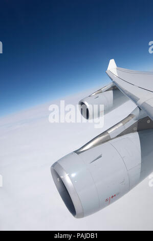 CFM56-5C2 engine cowlings of the Lufthansa Airbus A340-300 flying over ...