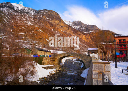 Benasque medieval bridge over Esera River in Huesca Spain Stock Photo ...