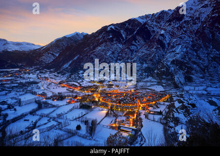 Benasque village Benas sunset aerial view in Huesca Pyrenees of Spain ...