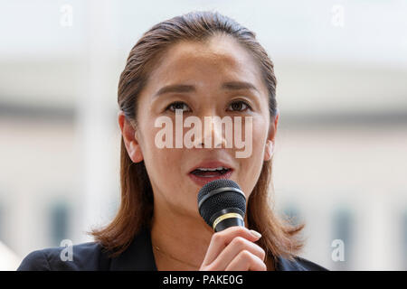 Japanese Olympic swimmer Hanae Ito speaks during a media event outside ...