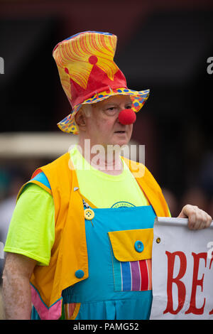 Peru, Indiana, USA - July 21, 2018 Older woman wearing circus outfit on ...