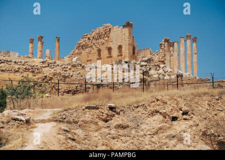 The ruined stones, concrete slabs and pillars in the ancient ...
