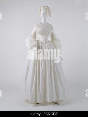 Dress ca. 1840 American The extravagant silhouette of this day dress ...