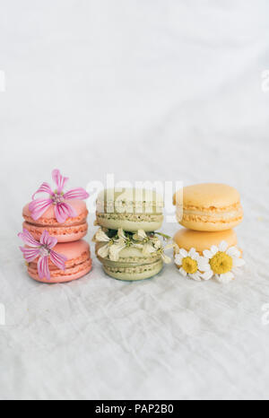 Colorful rows macarons on vintage pink pastel background Stock Photo ...