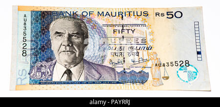 50 Mauritian rupees bank note. Mauritian rupee is the main currency of ...