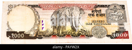 1000 Nepalese rupee bank note. Nepalese rupee is the national currency ...