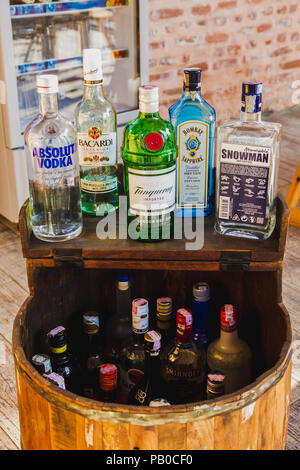 Kathmandu,Nepal - Dec 16,2017: Different brands of booze, liquor, or ...