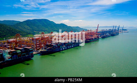 Aerial view of Busan new port of South Korea. Container ship in import ...