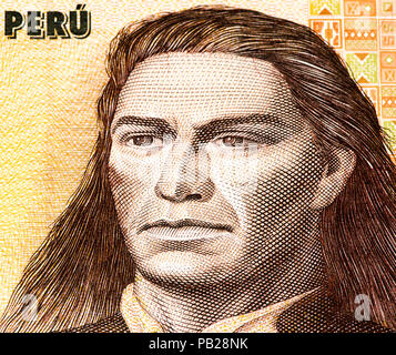 500 Intis banknote, Bank of Peru, closeup bill fragment shows Jose ...