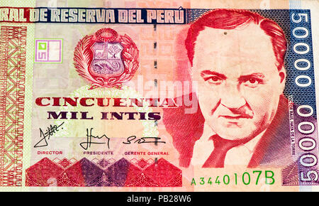 50000 intis bank note. Inti is the former currency of Peru Stock Photo ...
