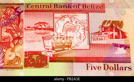 5 Belize dollars bank note. Belize dollar is the national currency of ...