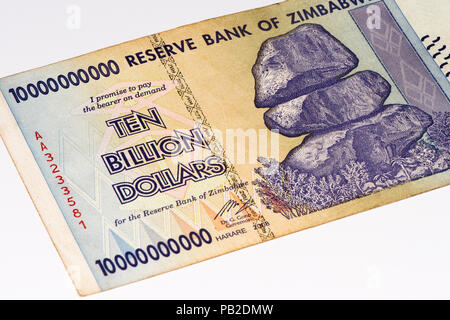 10000000000 (Ten billion) Zimbabwe dollars bank note. One of manny ...