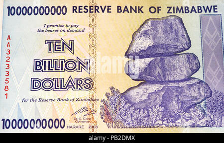 10000000000 (Ten billion) Zimbabwe dollars bank note. One of manny ...