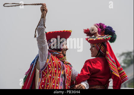 Jakarta, Indonesia - July 8, 2018 : Two musicians are playing the Pui ...