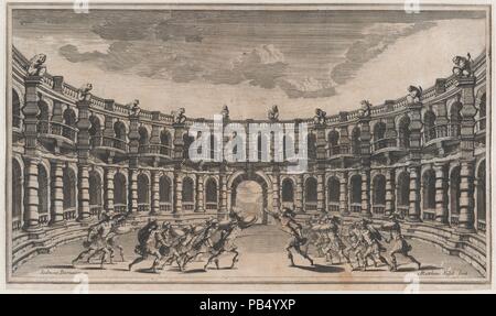 Amphitheater with two groups of soldiers running toward each other; set ...