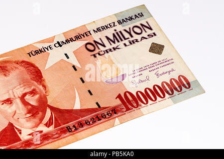10000000 Turkish liras bank note. Turkish lira is the national currency ...