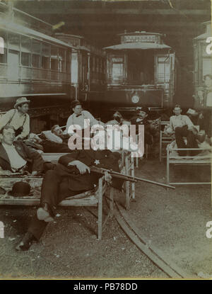 Members of the streetcar strike posse resting on cots inside the United ...