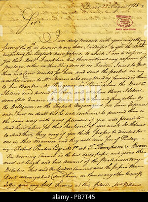913 Letter signed Thomas Thompson, Dover, to Col. Jefferson, August 12 ...