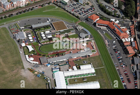 aerial view of the grandstands at Chester Racecourse, Cheshire, UK ...