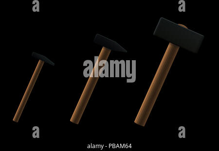 Hammer set. Big, normal and small upright standing basic hand tool to ...