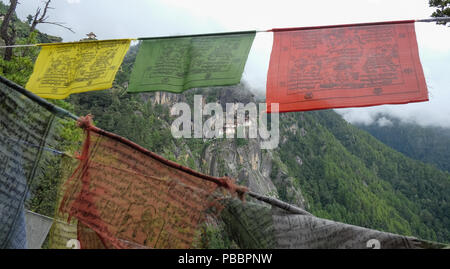 Paro, Bhutan - Sep 3, 2015. Tibetan Buddhist prayer flags hanging on ...