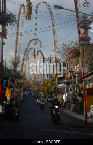 Floral decorations outside Pura Dalem Taman Kaja Temple, Ubud, Gianyar ...